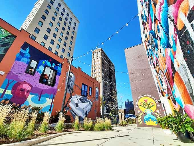 Downtown Jackson comes alive with vibrant street art and colorful murals that tell stories about Michigan's culture and wildlife.
