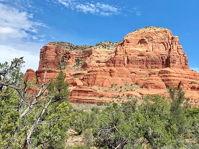 Sedona's famous red rocks glow in the sunlight, their massive forms creating a natural cathedral against the clear blue Arizona sky.