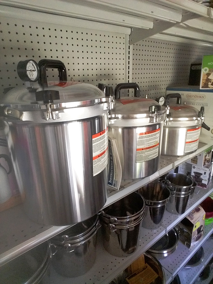 Pressure canners standing at attention, ready to transform summer's bounty into winter's comfort &ndash; self-sufficiency in stainless steel form.