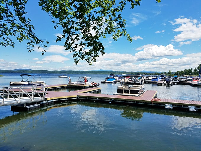 Boats stand at attention like eager puppies waiting for their next adventure on Lake Champlain's inviting waters.