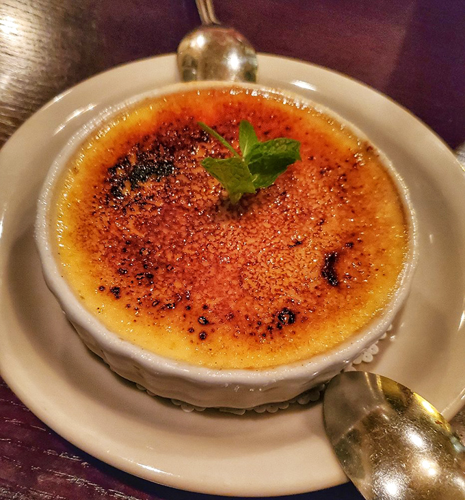 Cr&egrave;me br&ucirc;l&eacute;e with that perfect sugar crust, tap it with your spoon and listen for that satisfying crack of culinary success.