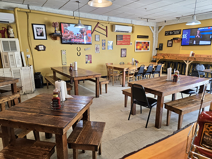 Community tables where strangers become friends over shared BBQ enthusiasm and sauce recommendations.