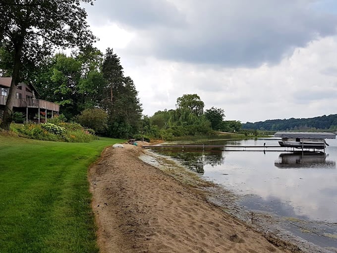 The peaceful shoreline in warmer months offers a completely different vibe, trading winter thrills for summer chill by the water's edge.