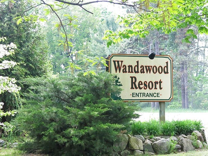 Wandawood Resort welcomes visitors with classic northern Michigan charm, promising lakeside memories just beyond those pines.