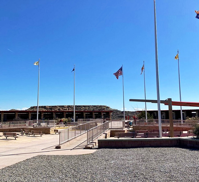 State flags stand tall against the brilliant blue sky that makes the Southwest such a photographer's paradise.