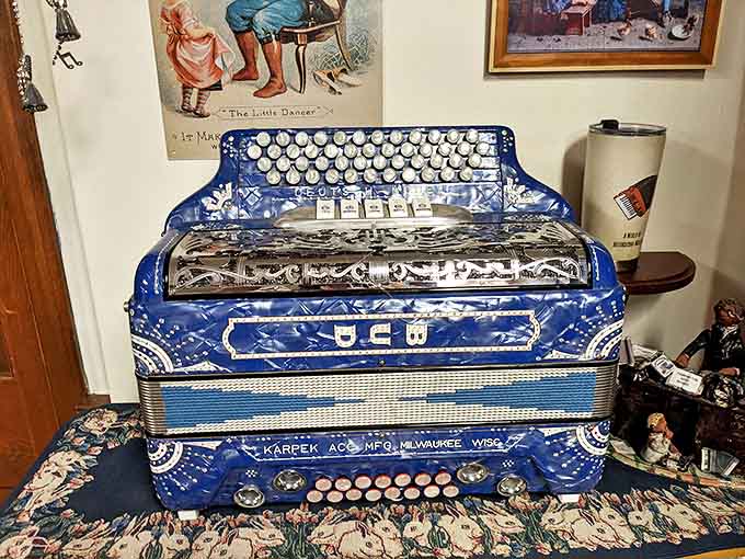 The stunning blue pearl Gabbanelli accordion gleams like a jewel, its mother-of-pearl buttons and chrome accents showcasing Italian craftsmanship at its finest.