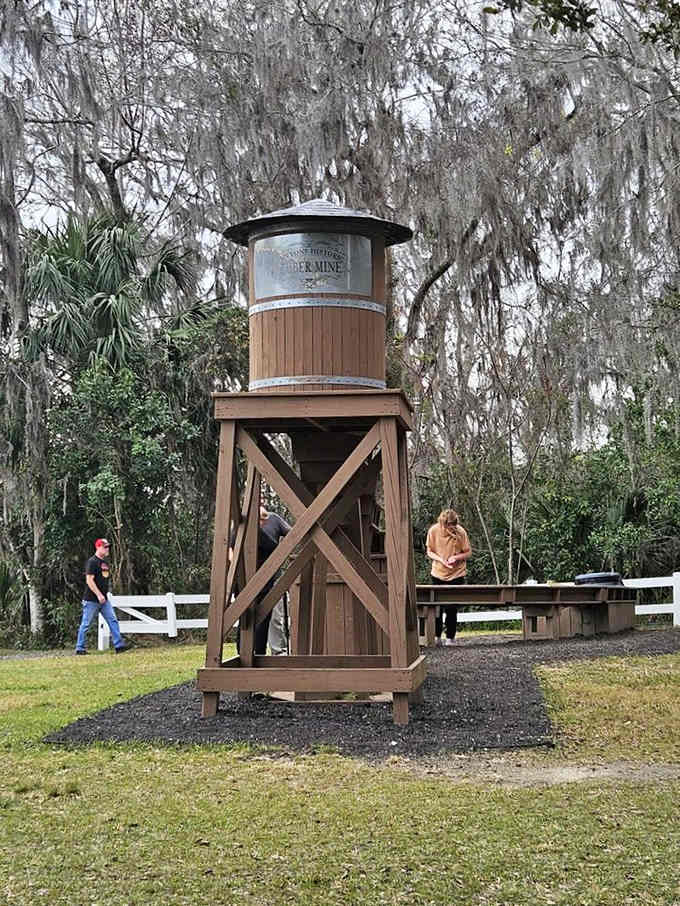 The historic water tower stands as a reminder of the area's mining past, now repurposed as part of this natural adventure playground.