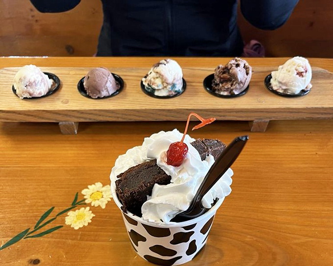 A perfect pairing: the ice cream flight for the curious palate and a classic sundae for the traditionalist &ndash; proving that at Moomers, everyone wins.