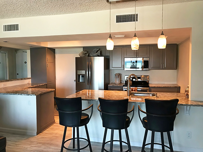 Granite countertops perfect for preparing elaborate meals or, more realistically, arranging takeout containers from that great seafood place down the road.