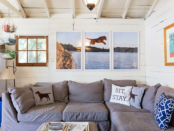 Dog-themed decor and comfortable seating create the perfect gathering spot after a day of island adventures.