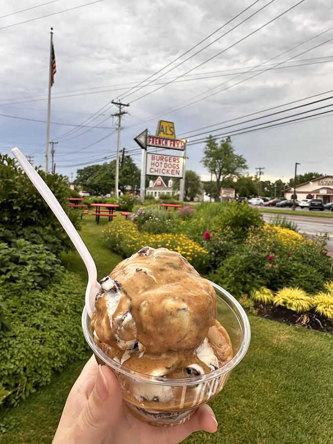 Ice cream with a view &ndash; Al's soft serve with peanut butter sauce and chocolate pieces makes the perfect Vermont summer companion.