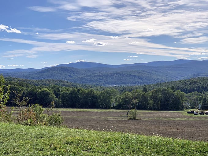 Wide Vermont valleys and layered mountains offer a breathtaking backdrop just steps from the Whales Tails sculpture.