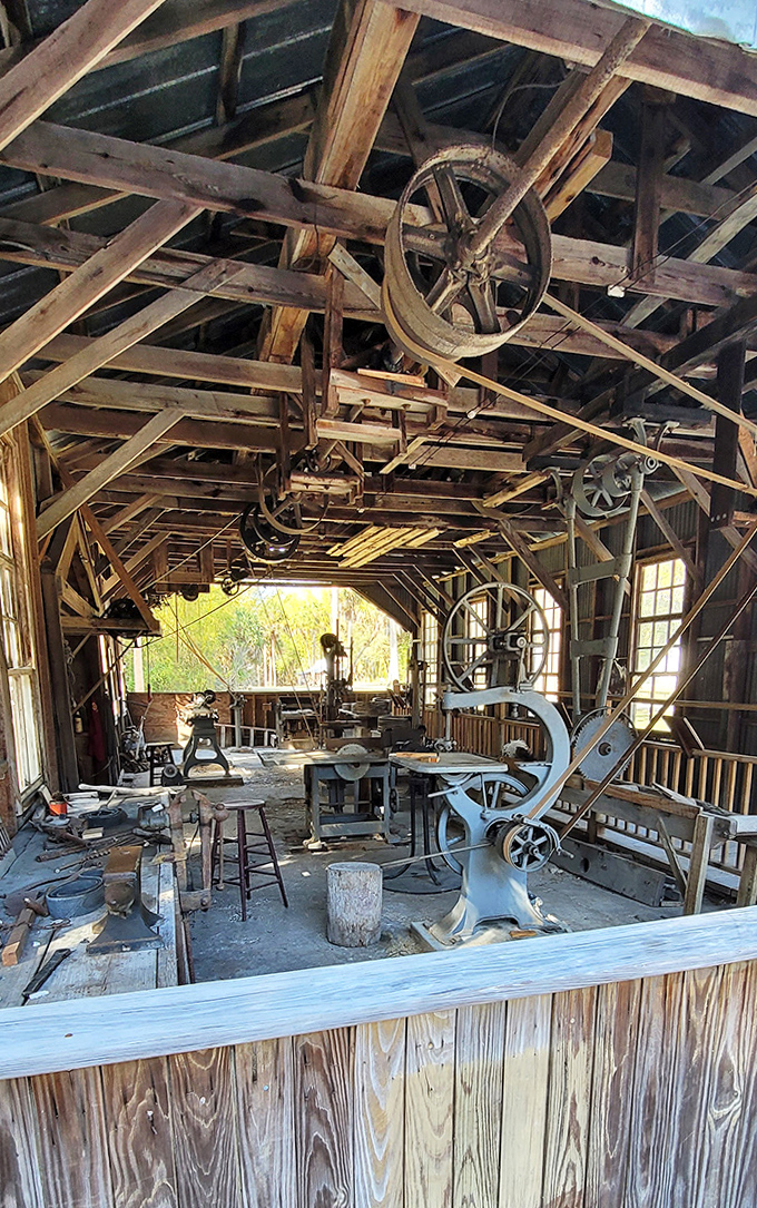 Gears, pulleys, and dreams of self-sufficiency fill this remarkably preserved workshop where the Koreshans crafted their independent world.
