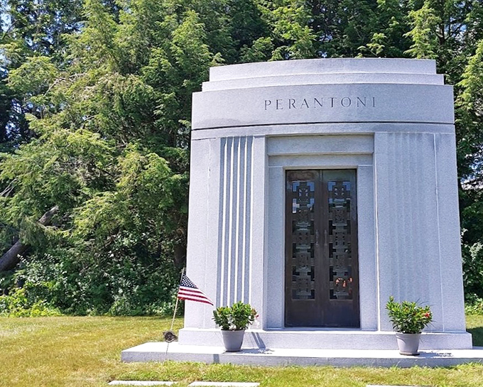 Elegance in simplicity &ndash; the Perantoni mausoleum's clean lines and bronze doors showcase how modern design elevates memorial architecture.