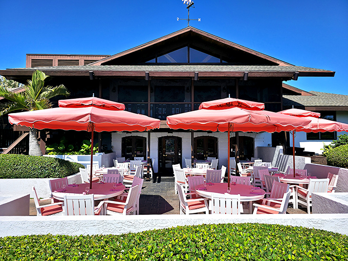 Red umbrellas invite diners to linger over fresh catches and cold drinks at this beloved island eatery with rustic charm.