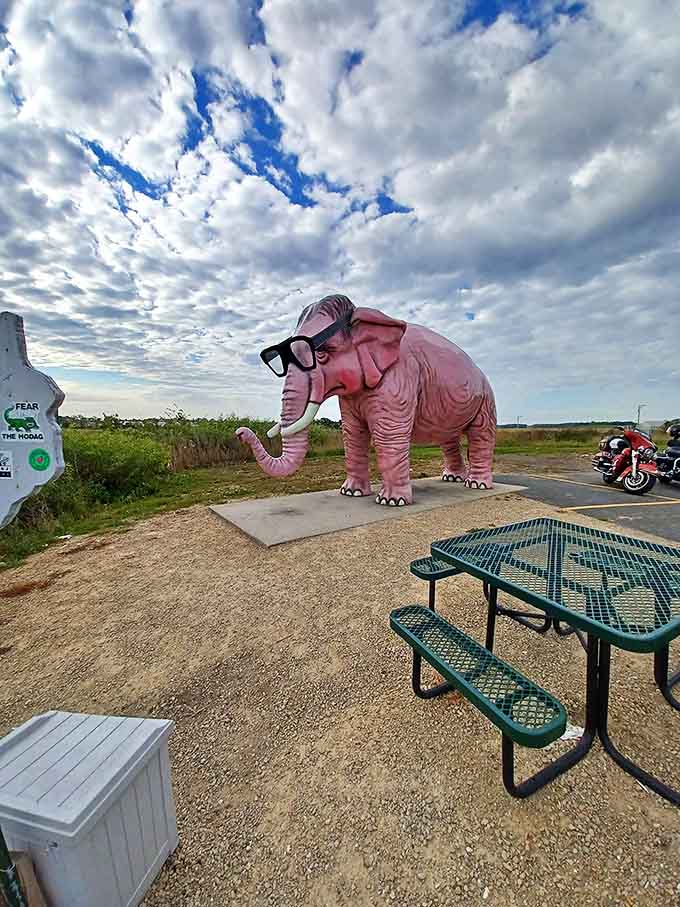 Even the picnic tables seem honored to be in Pinkie's presence, offering visitors a place to rest and admire their pink friend.