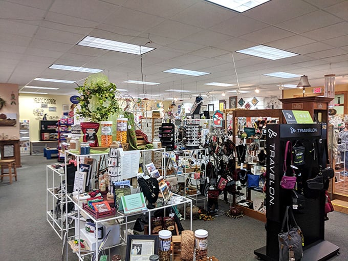 These aren't just display racks; they're opportunity shelves where travel accessories and trinkets mingle with edible souvenirs of your Wisconsin adventure.