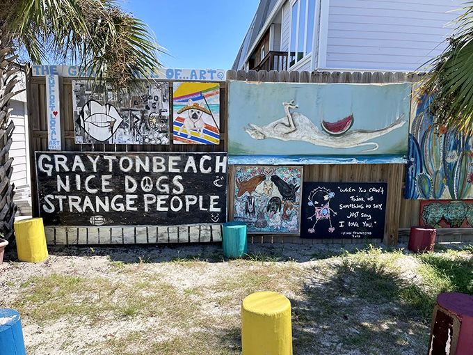 Local creativity unleashed! Grayton's street art captures the whimsical spirit of a community that embraces its "strange people" reputation.