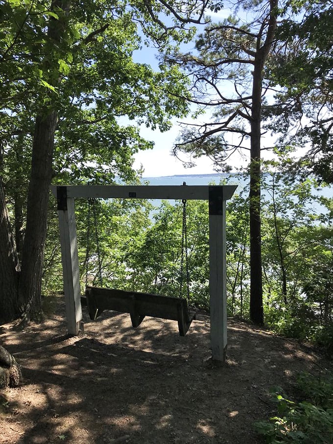 A woodland swing set overlooks Casco Bay, providing a human-sized resting spot after exploring the miniature world below.