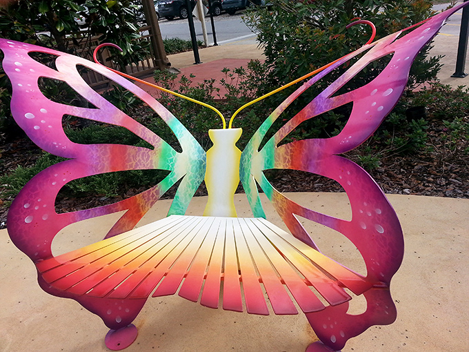 Not your average park bench! This butterfly-shaped seat combines whimsical design with practical comfort for tired adventurers.