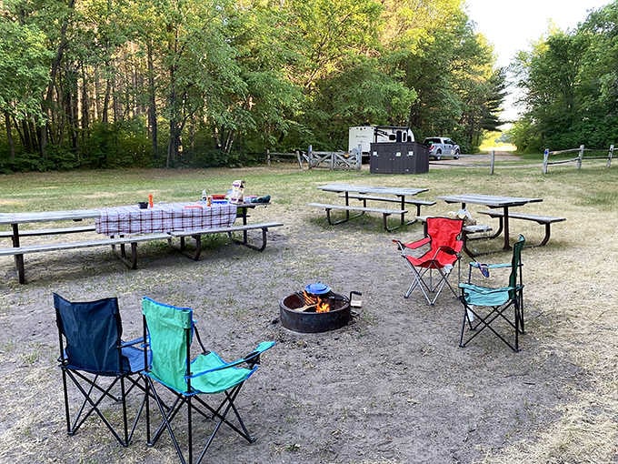 Camping perfection: picnic tables, fire rings, and chairs arranged like a wilderness living room waiting for s'mores and stories.