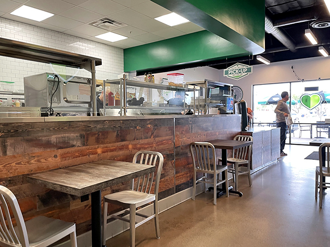 Simple, clean dining with those signature metal chairs &ndash; unpretentious surroundings that keep the focus where it belongs: on your sandwich.