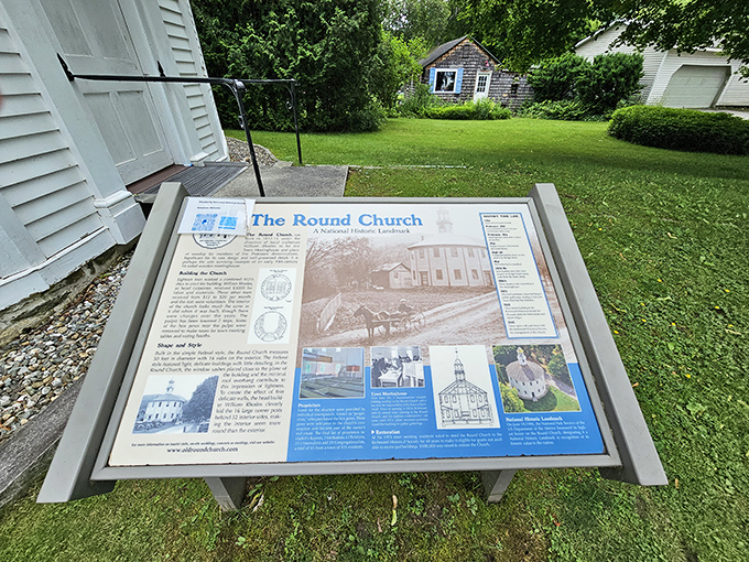 The informational display shares the church's fascinating history with visitors, explaining how five denominations came together under one unique roof.