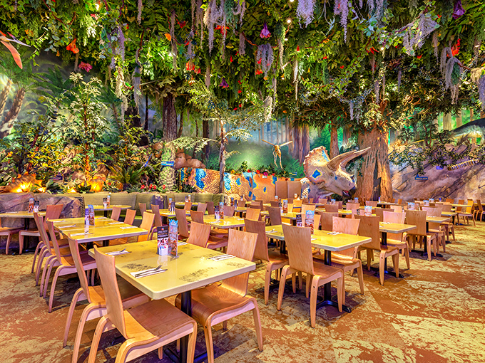 The lush prehistoric forest dining area transports you millions of years back in time, minus the inconvenience of actual extinction events.