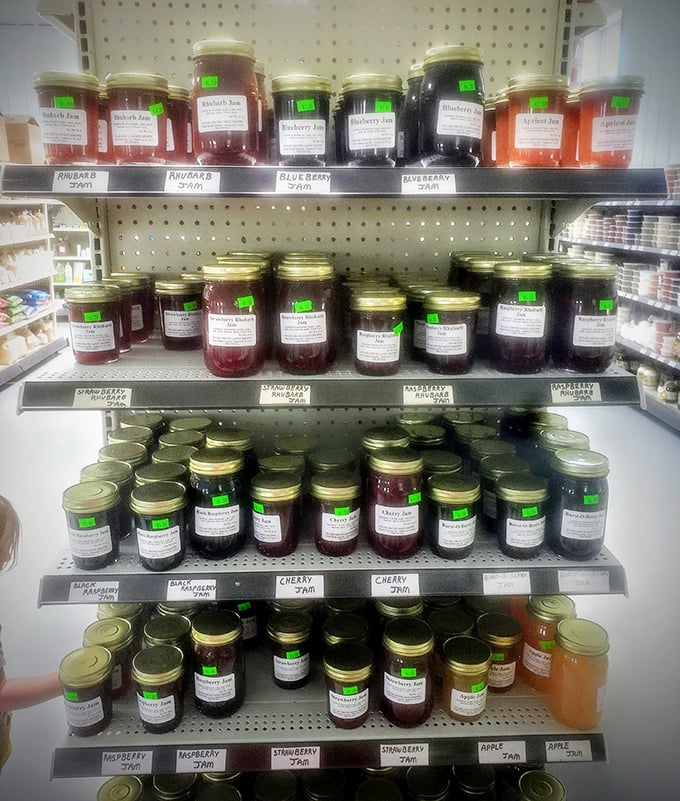 A rainbow of preserved fruits lines the shelves – each jar representing hours of careful preparation and generations of expertise.