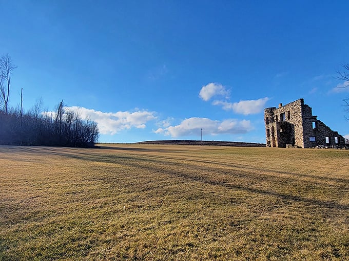 The vast open field surrounding the ruins offers perspective on this lonely sentinel of history. Social distancing since 1985!