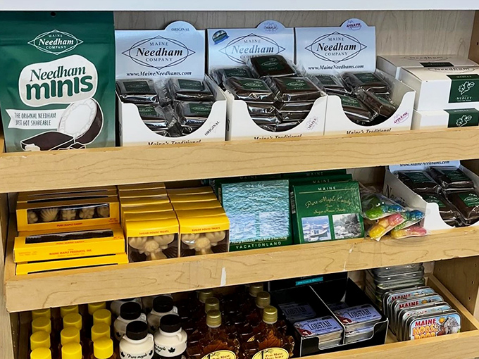 The retail display showcases Maine-made products alongside the star attraction, creating a celebration of local craftsmanship and flavor.