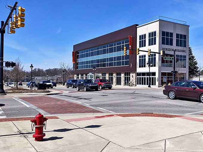 Downtown Fenton's modern buildings complement historic structures in a streetscape that balances preservation with progress.