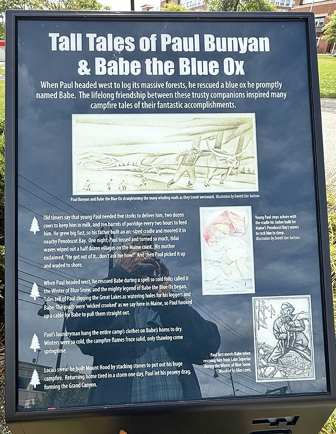 This plaque details the fascinating story behind the statue's creation for Bangor's 125th anniversary celebrations.