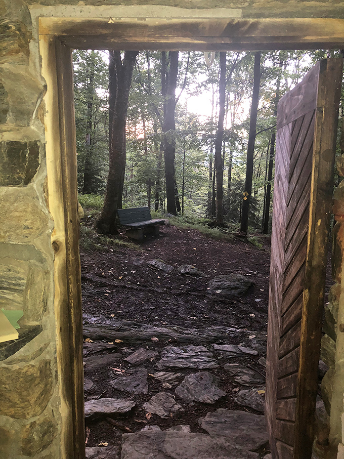 Looking out from inside the chapel, the forest becomes a living painting that changes with every passing cloud and breeze.