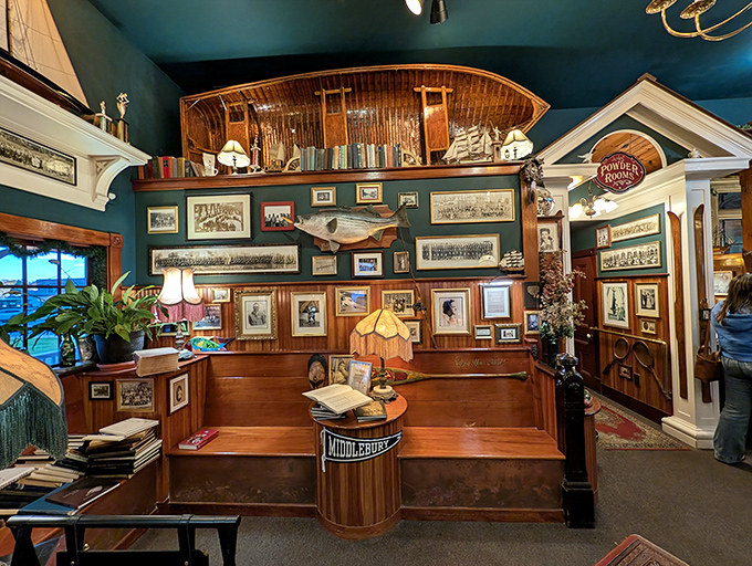 Every inch of wall space tells a story &ndash; vintage photographs, nautical artifacts, and Vermont memorabilia create a museum-like atmosphere that rewards curious diners.