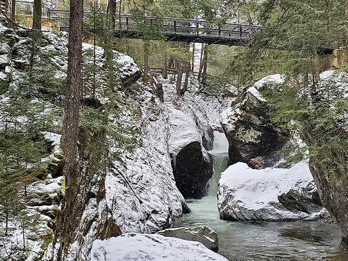Winter transforms Texas Falls into a wonderland of ice sculptures and snow-dusted evergreens.