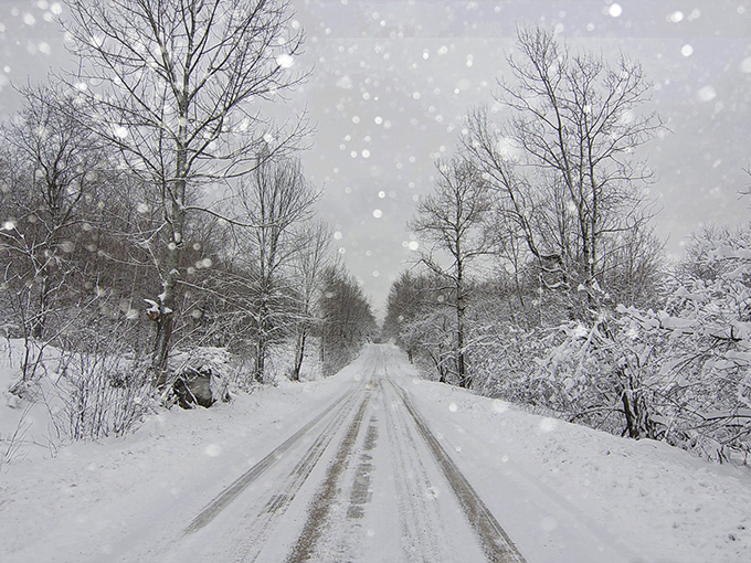 Snow-covered and serene, the road continues its international journey regardless of season, indifferent to human notions of borders.
