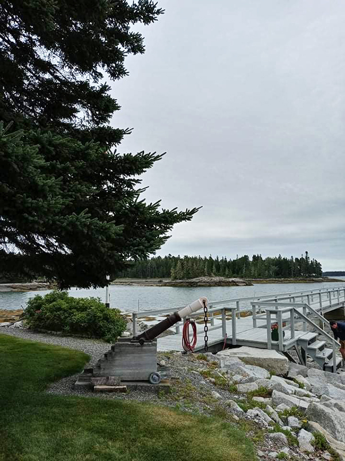 Brooklin's harbor showcases its boatbuilding heritage, with docks extending into clear waters where sailing vessels await their next adventure.