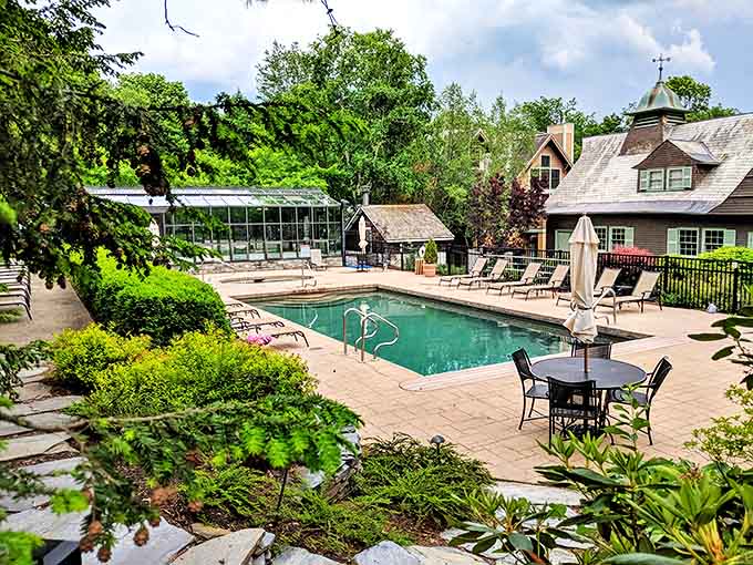 The elegant pool area hints at the luxury awaiting inside this resort, where every detail is designed to impress.