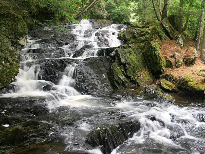 Jeudevine Falls drops gracefully between moss-covered rocks, creating a scene so perfect it looks like it was designed for postcards.