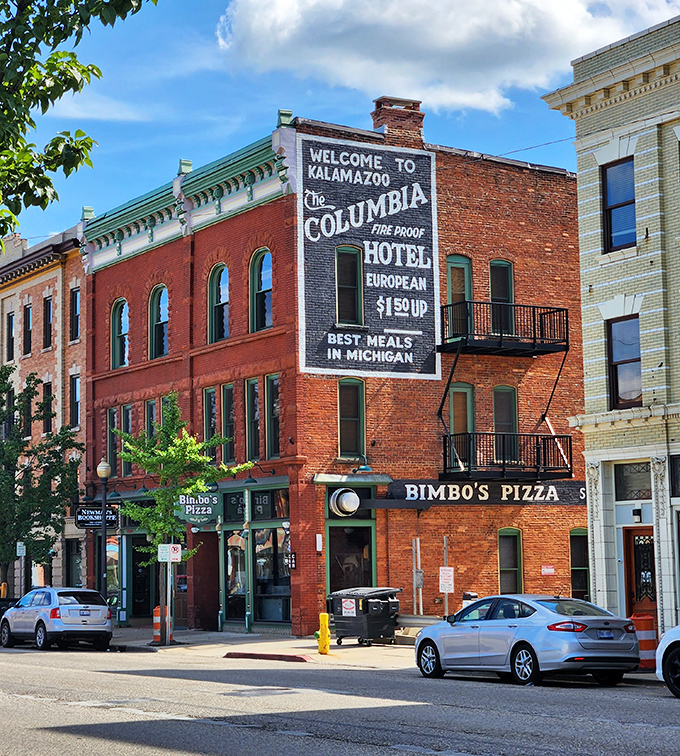 Kalamazoo's historic downtown features the Columbia Hotel building, now home to Bimbo's Pizza and other businesses.