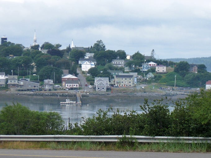 Lubec's working waterfront features weathered buildings and fishing boats, capturing the authentic character of Maine's easternmost town.