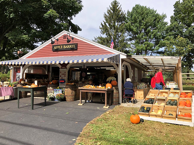 The charming "Apple Barrel" farm stand at Libby & Son U-Picks, stocked with fresh produce and farm-made goodies for visitors to enjoy.