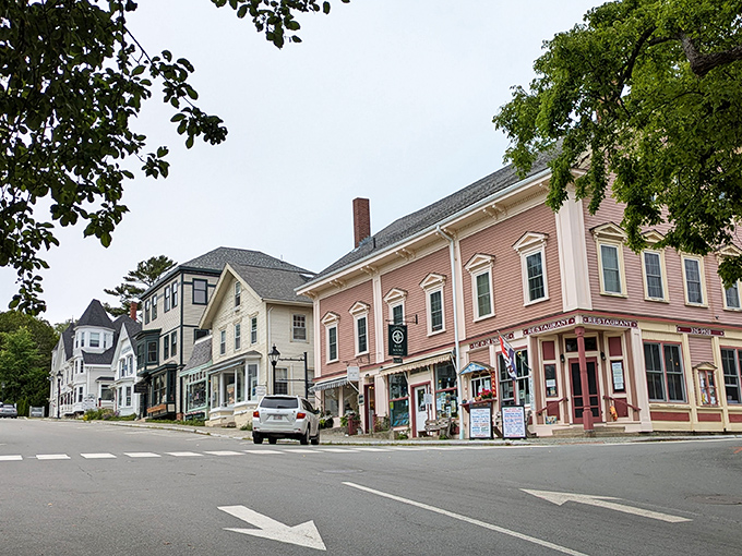 A pink-hued restaurant building adds a splash of color to Castine's historic downtown, where well-preserved architecture creates a storybook setting.