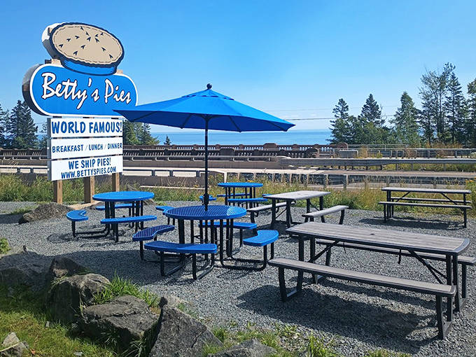 Outdoor Dining Lake Superior breezes enhance every bite at these blue picnic tables &ndash; nature's dining room.