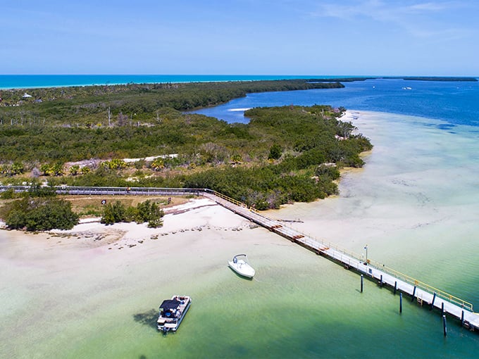 Aerial paradise: Anclote Key's curved shoreline embraces crystal waters like nature's perfect hug.