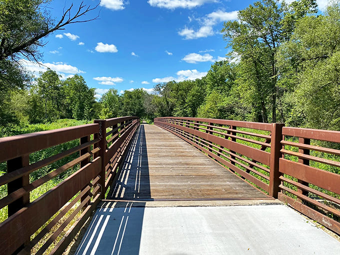 This bridge stretches into the distance like an invitation you can't refuse, promising adventure with every wooden plank beneath your feet.