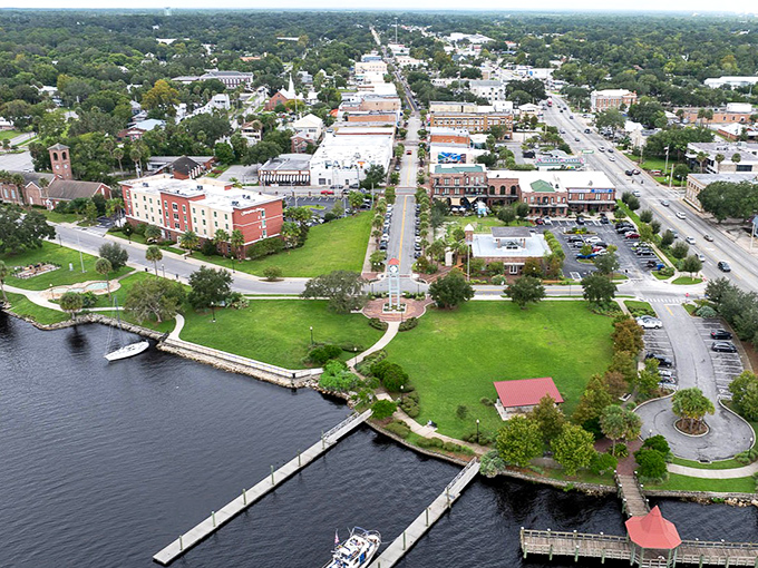 Palatka's aerial view showcases the perfect marriage of small-town charm and natural beauty, where the St. Johns River embraces downtown like an old friend.
