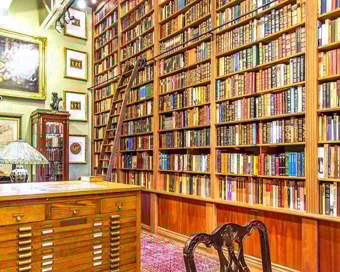 A bibliophile's dream come true &ndash; floor-to-ceiling wooden shelves housing literary treasures in a warm, inviting space that whispers stories.