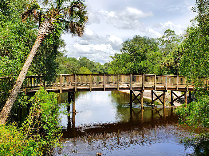A wooden bridge stretches across calm waters, inviting adventurers to cross into the wild heart of Florida's natural playground.